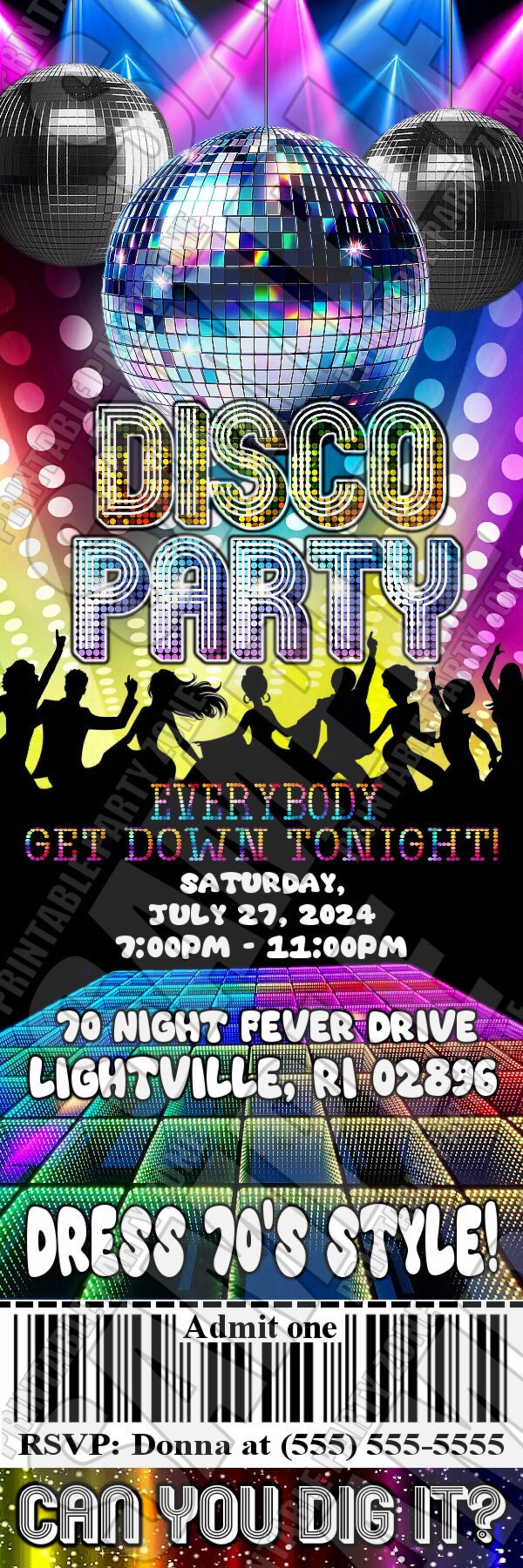 DISCO PARTY Ticket Invitation, DIY Printable or Online Use, Hip 70's ...