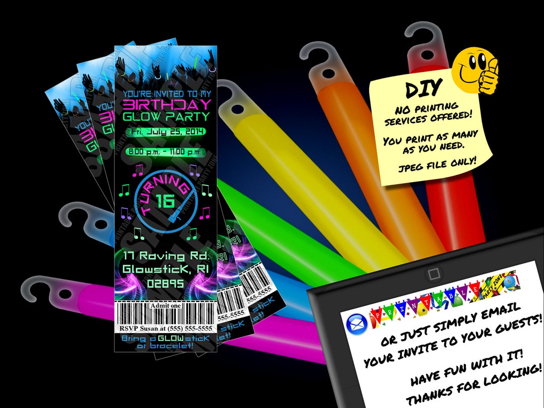 BIRTHDAY GLOW PARTY Ticket Invitation, Printable Invite or Online Use ...