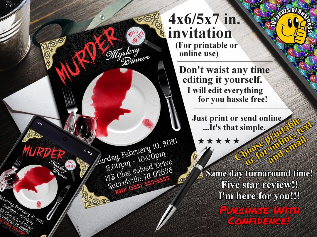 MURDER MYSTERY DINNER, Printable Invitation or Online Use, Mysterious ...