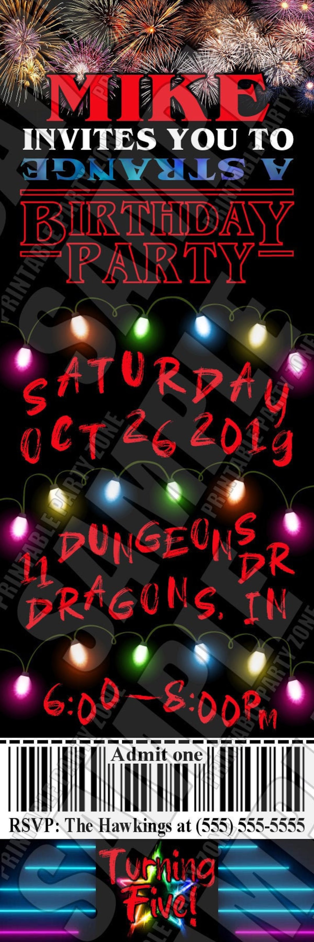 STRANGER THINGS Inspired Birthday Ticket Invitation, Printable Invite ...