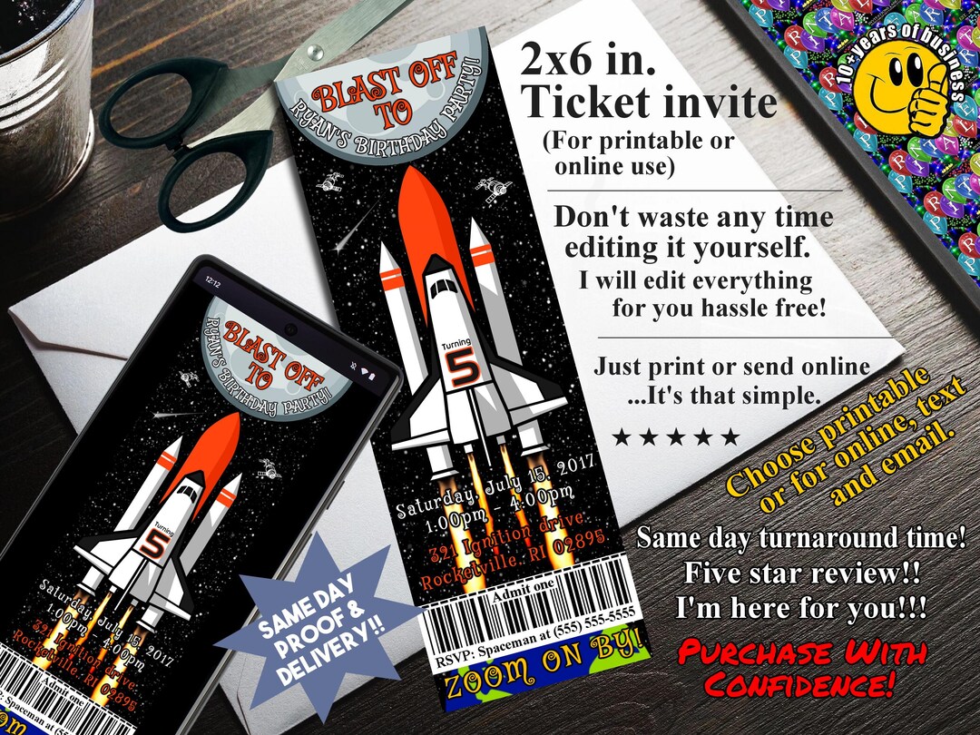 SPACE SHUTTLE Ticket Invitation, Printable Birthday Ticket or Online ...