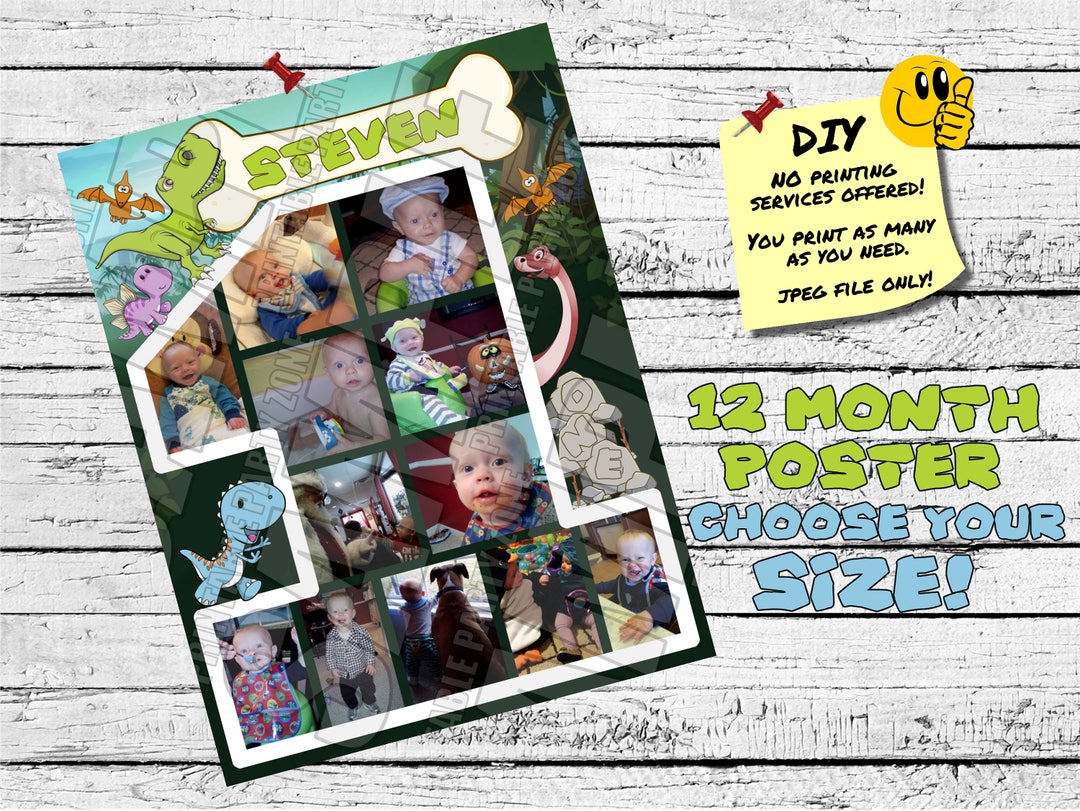 12 Month Birthday Collage Poster DINOSAURS Add Your 12 Photos! Number ...