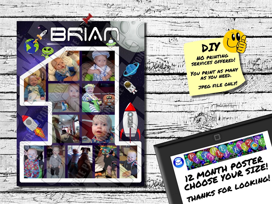 12 Month Birthday Collage Poster OUTER SPACE - Add Your 12 Photos ...
