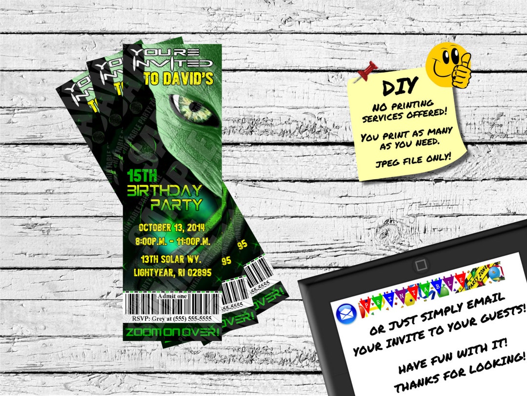 ALIEN BIRTHDAY PARTY Ticket Invitation Printable Invite or Online Use ...