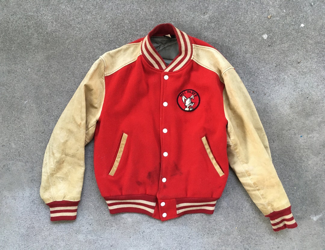 Vintage 1960s RABBIT Patch Red & Tan Leather Wool School Varsity JACKET ...
