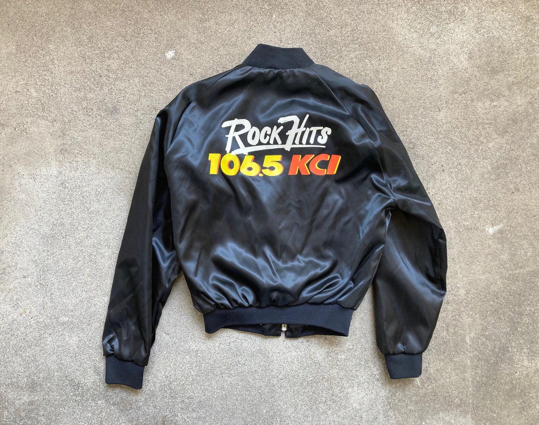 Vintage 1980s KCI 106.5 Radio Station Black Nylon Snap Button JACKET Size Small Kansas City Band ...