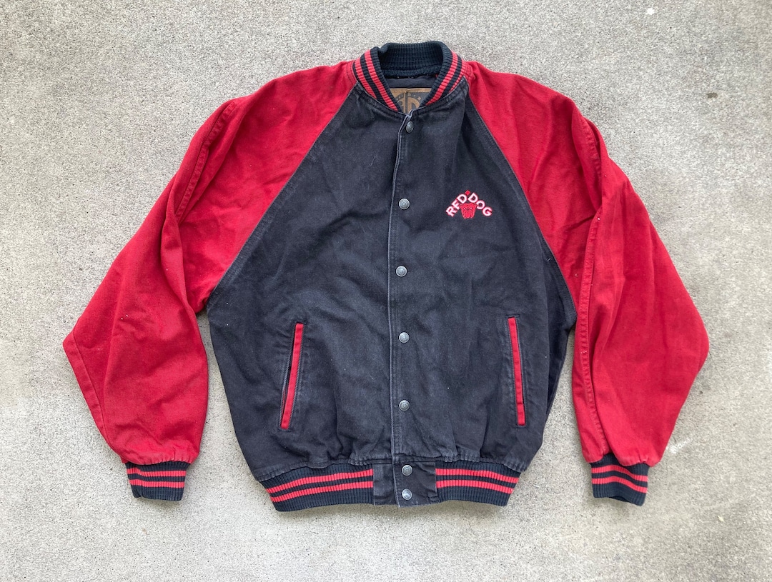 Vintage 1990s RED DOG Beer Red & Black Denim Jean JACKET Size Medium ...