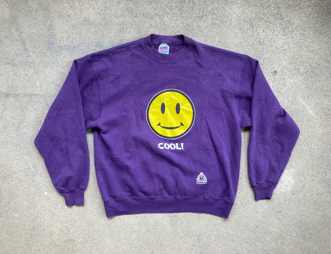 Vintage 1990s SMILEY FACE 'cool' Purple Pullover Sweatshirt Size Extra ...
