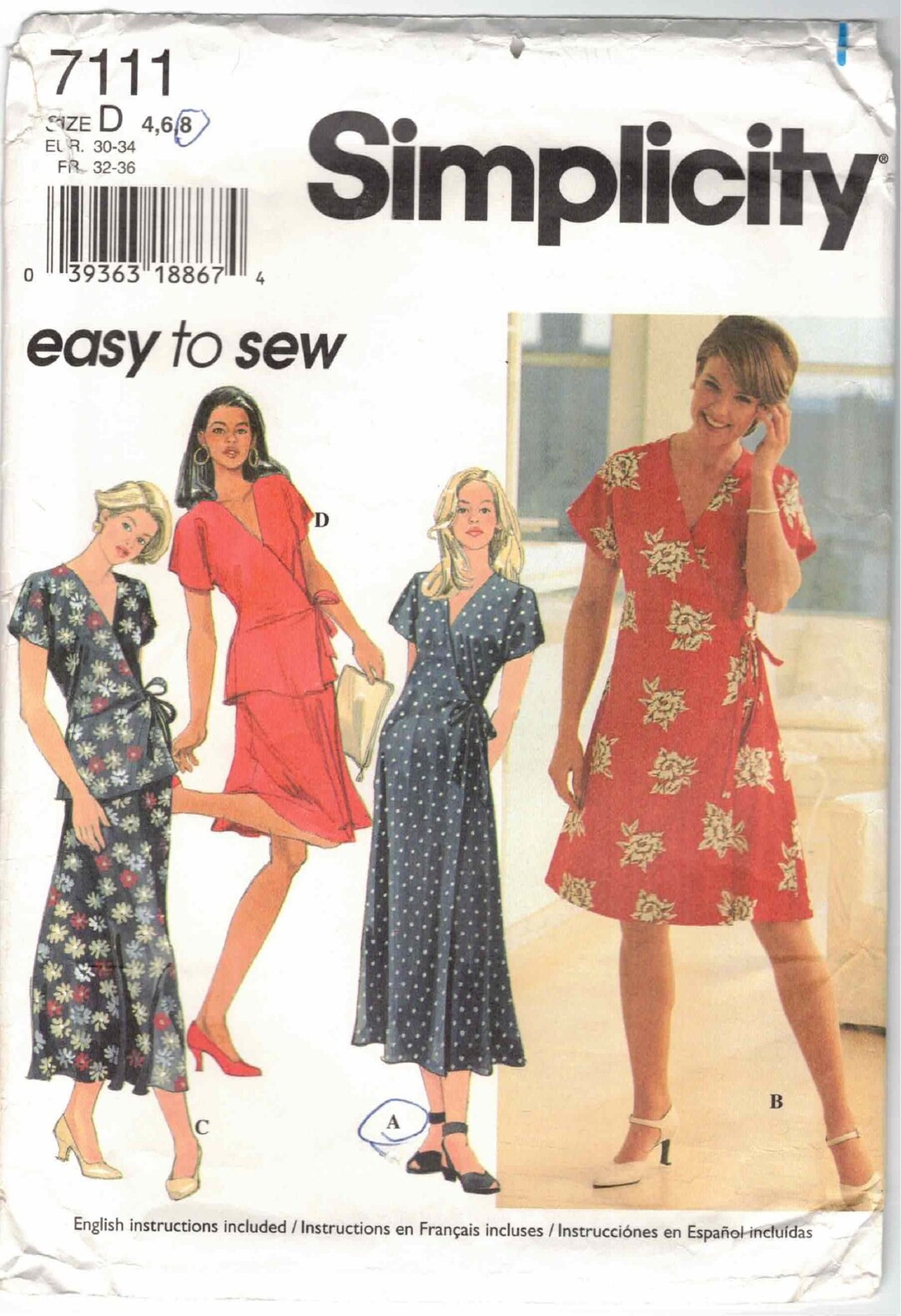 Easy to Sew Dress Top & Skirt Wrap Front V Neck Side Ties Short Sleeve ...