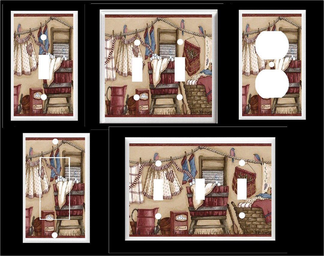 LAUNDRY ROOM BASKET Wash Board Clothes Pins Light Switch Cover Plate or ...