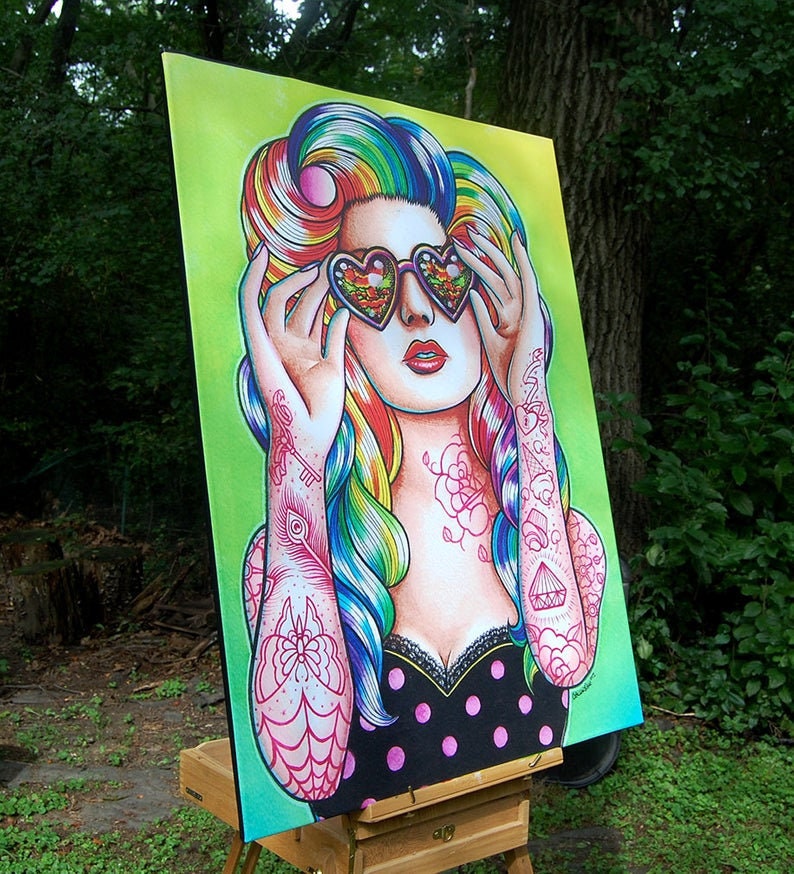 Rainbow Punk Rock Tattoo Pin Up Girl Stretched Canvas Art Print Sweet Heart Colorful Lowbrow