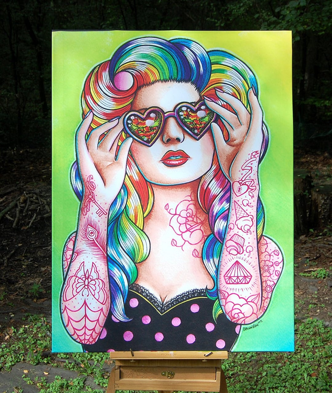 Rainbow Punk Rock Tattoo Pin up Girl Stretched Canvas Art Print | Sweet ...