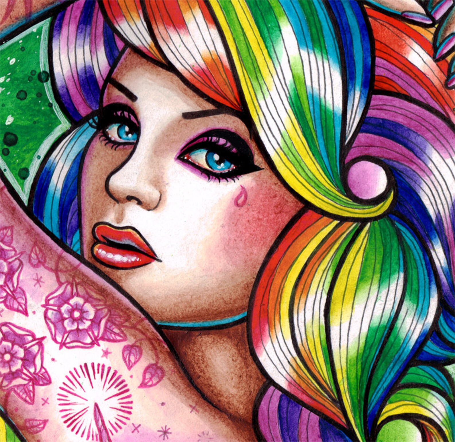 Rainbow Punk Rock Tattoo Pin up Girl Stretched Canvas Art Print Shock ...