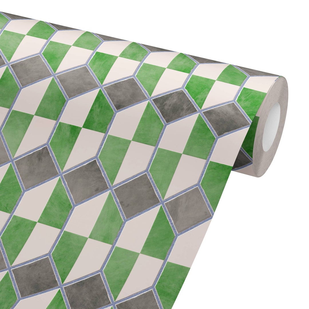 Green Rectangle & Black Diamond Tiles Peel and Stick Wallpaper Retro ...