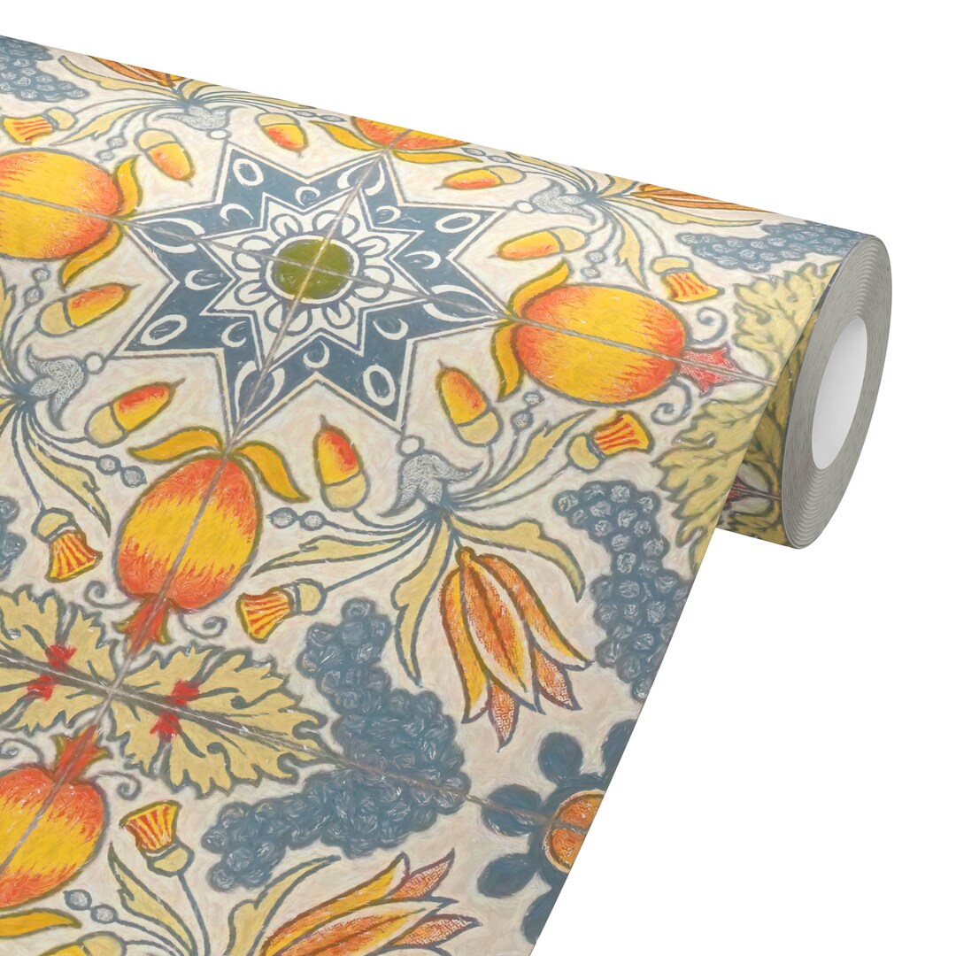 Vintage Dutch Fruit & Stars Peel and Stick Wallpaper | 1894 Blue Orange ...