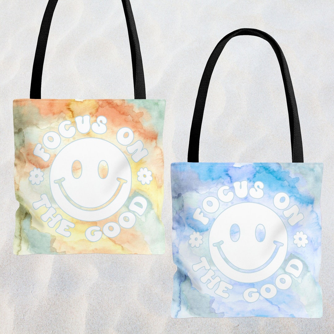 Smiley Tote Bag Happy Face Beach Bag Focus on the Good Double Sided ...
