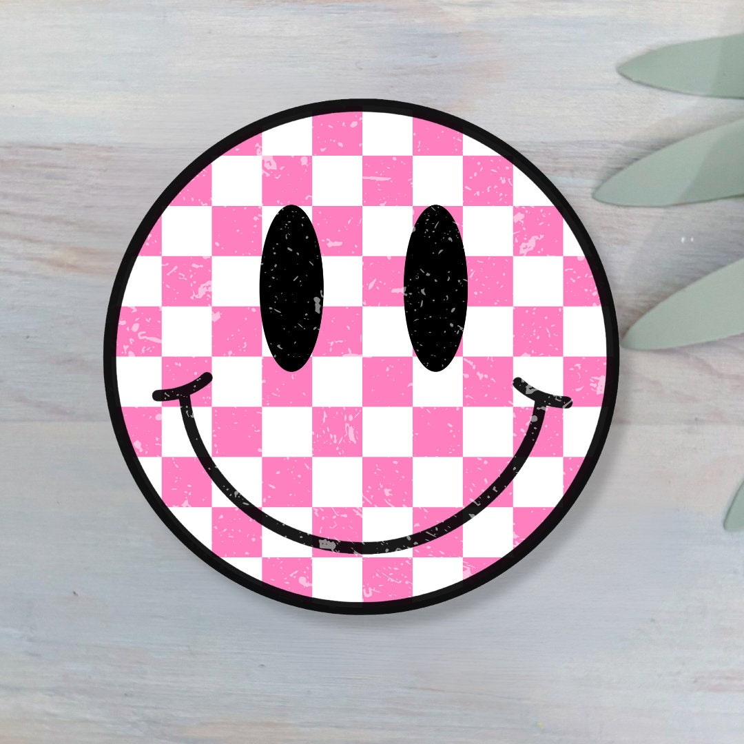 Pink Checkered Smiley Face Decal Waterproof Vinyl Sticker Die-cut Happy ...