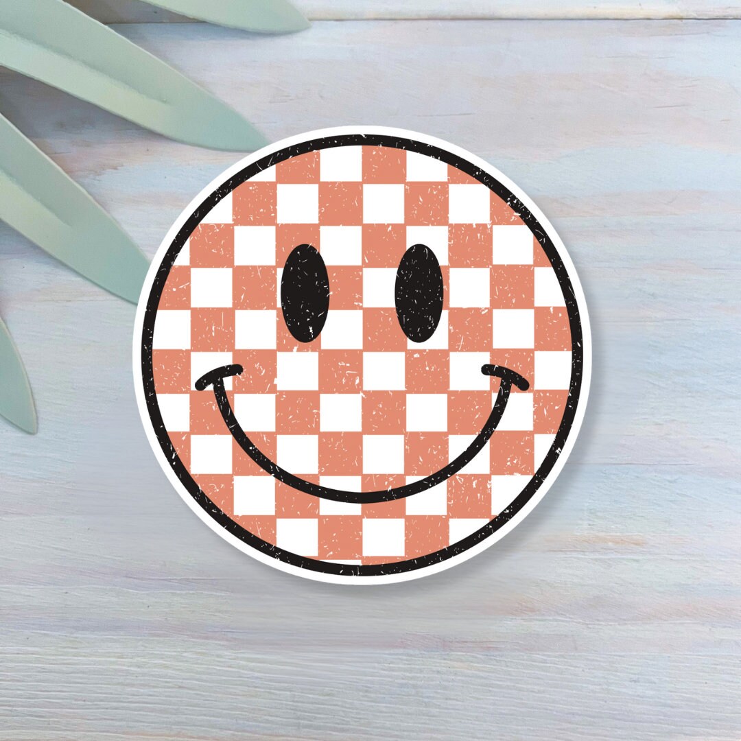 Peach Checkered Smiley Face Decal Waterproof Vinyl Sticker Die-cut ...