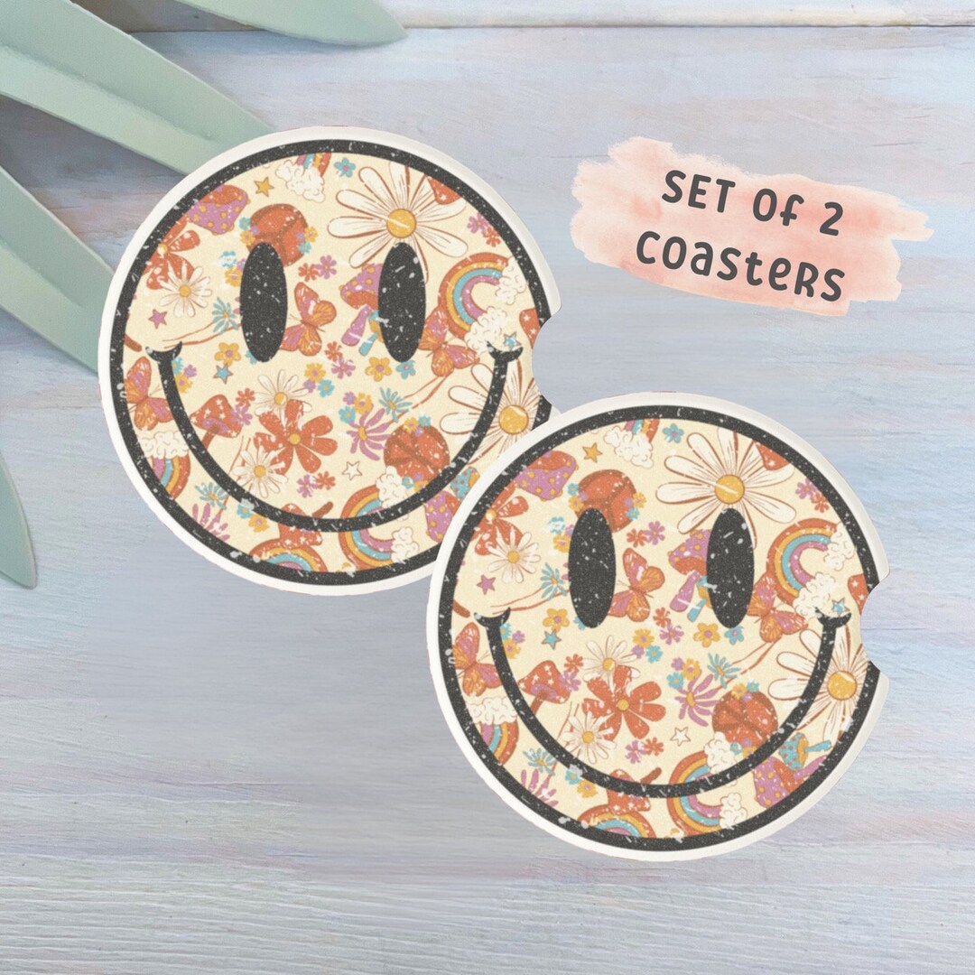 Retro Happy Face Car Coasters Stone Car Coasters Set of 2 Preppy Car ...