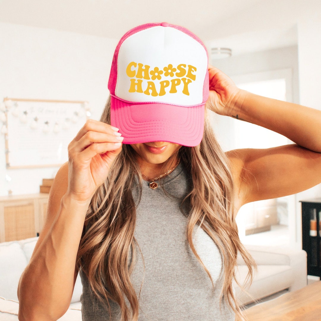 Choose Happy Trucker Hat Happy Hat Neon Pink Hat Good Vibes Trendy ...