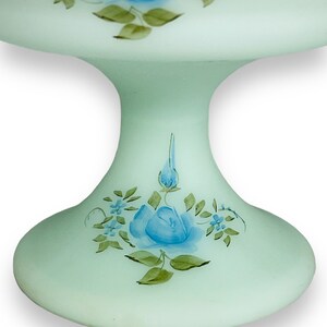 Fenton Blue Satin Custard Glass Compote Ruffle Bowl Signed by Artist ...