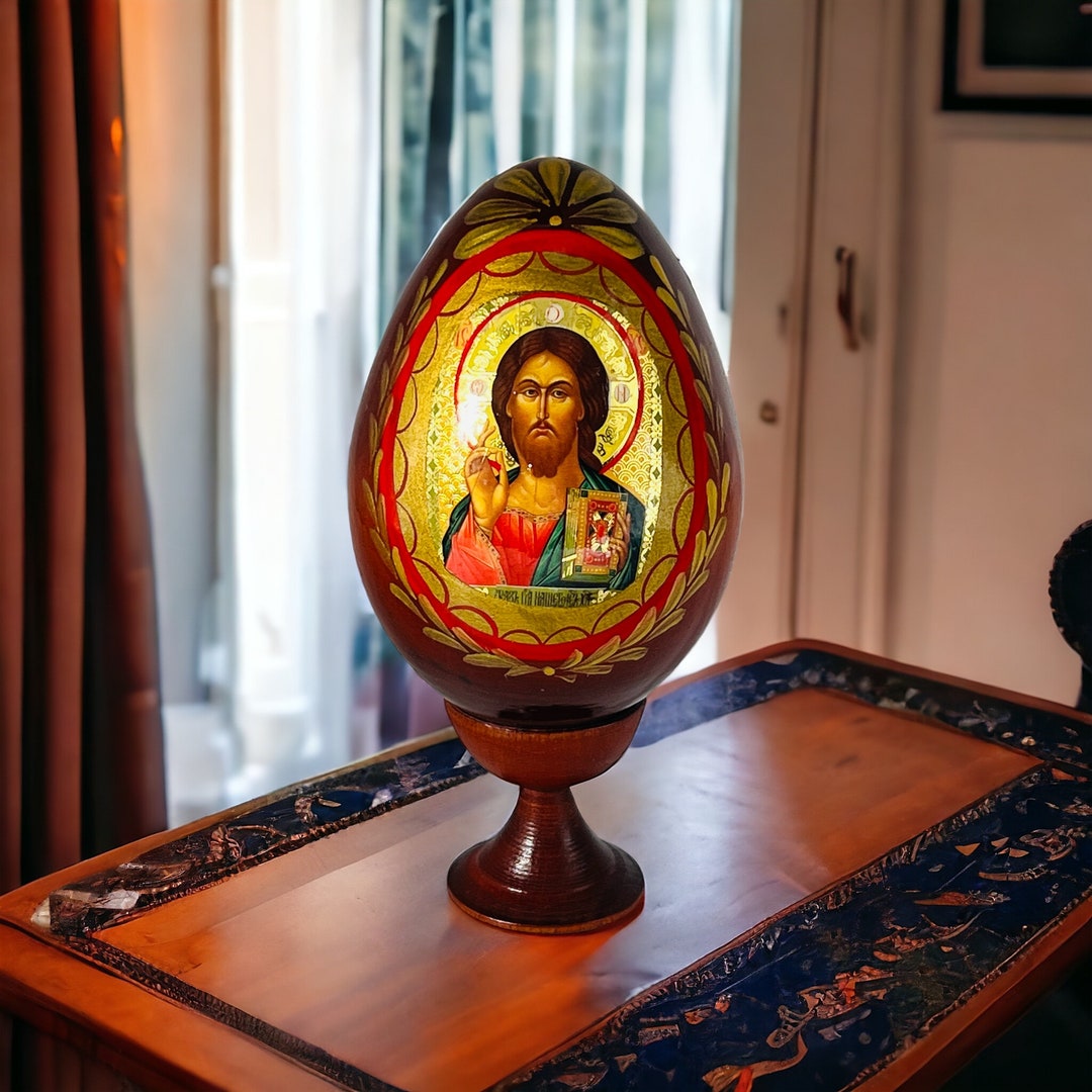 Vintage Ukrainian Jesus Christ Religious Wood Icon Egg Display - Etsy