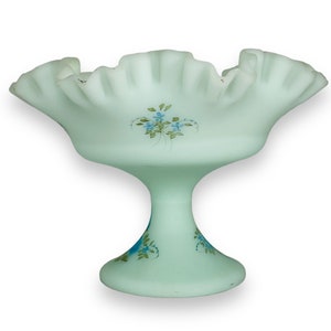 Fenton Blue Satin Custard Glass Compote Ruffle Bowl Signed by Artist ...