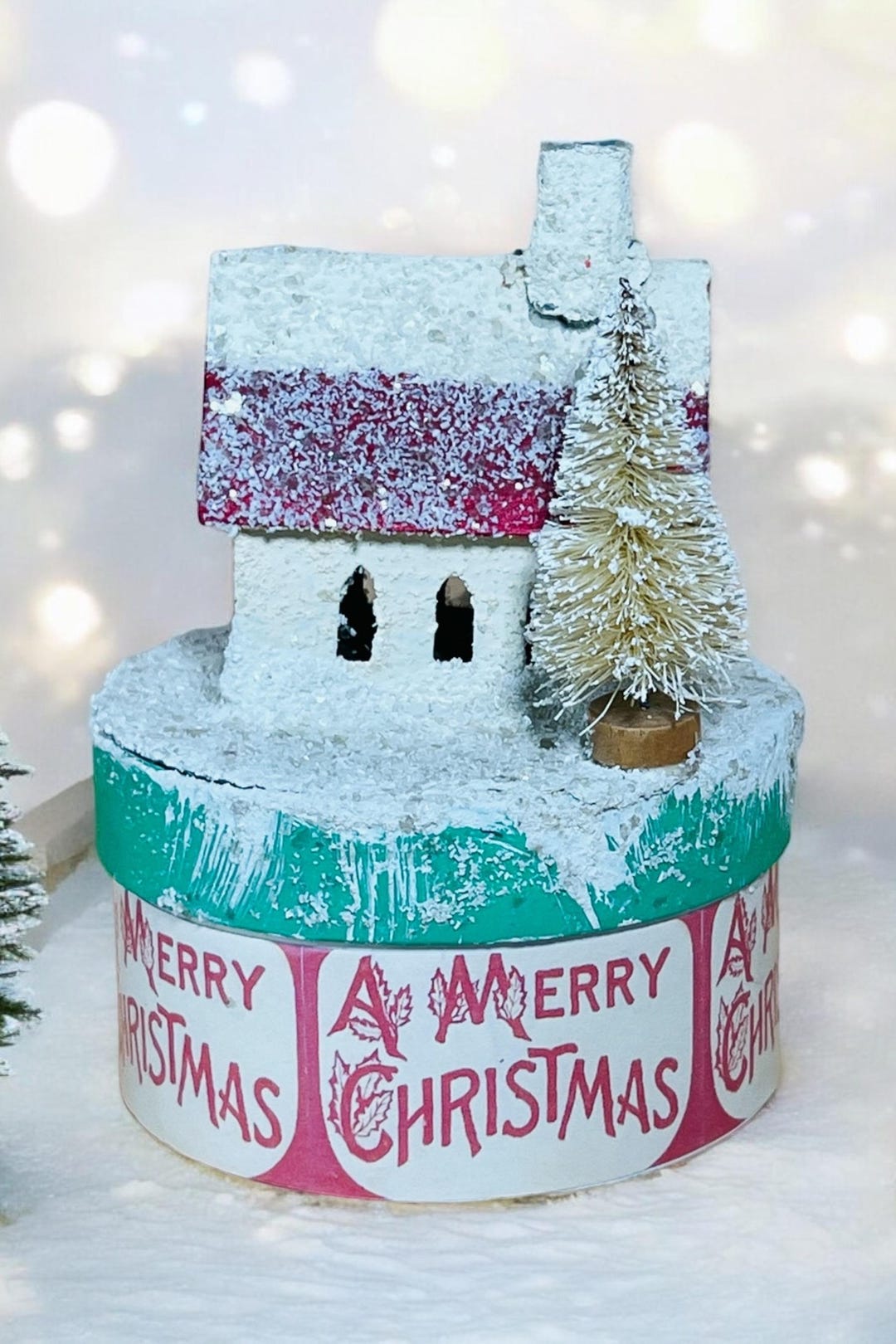 Putz House Mica Covered Chruch & Bottle Brush Trees Candy Box - Etsy
