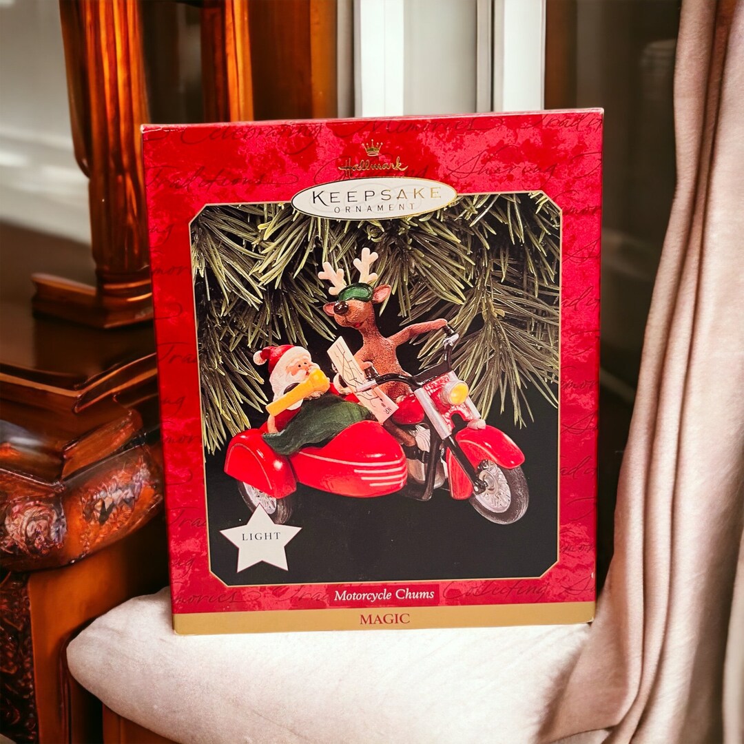 1997 Hallmark Motorcycle Chums Santa & Reindeer MAGIC Light up Ornament ...