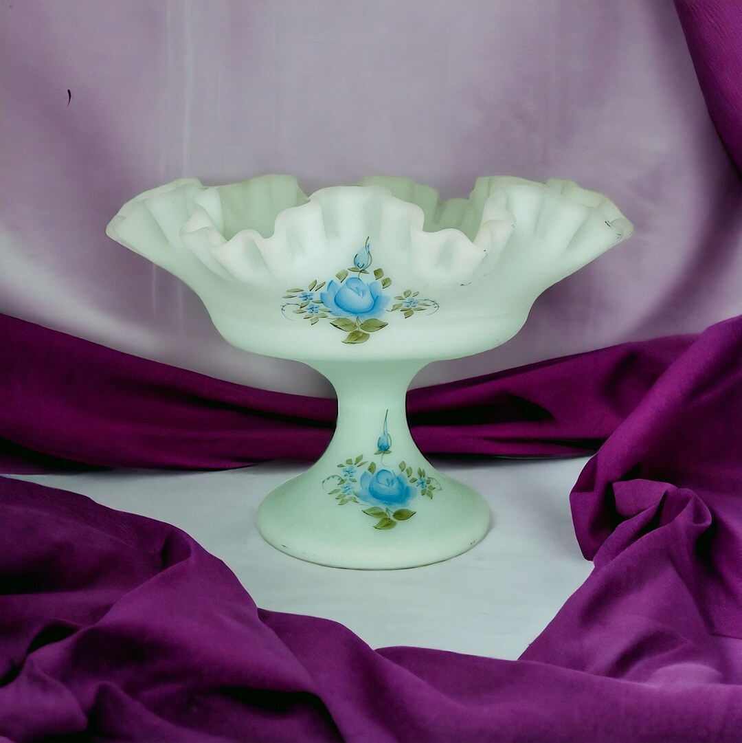 Fenton Blue Satin Custard Glass Compote Ruffle Bowl Signed by Artist ...