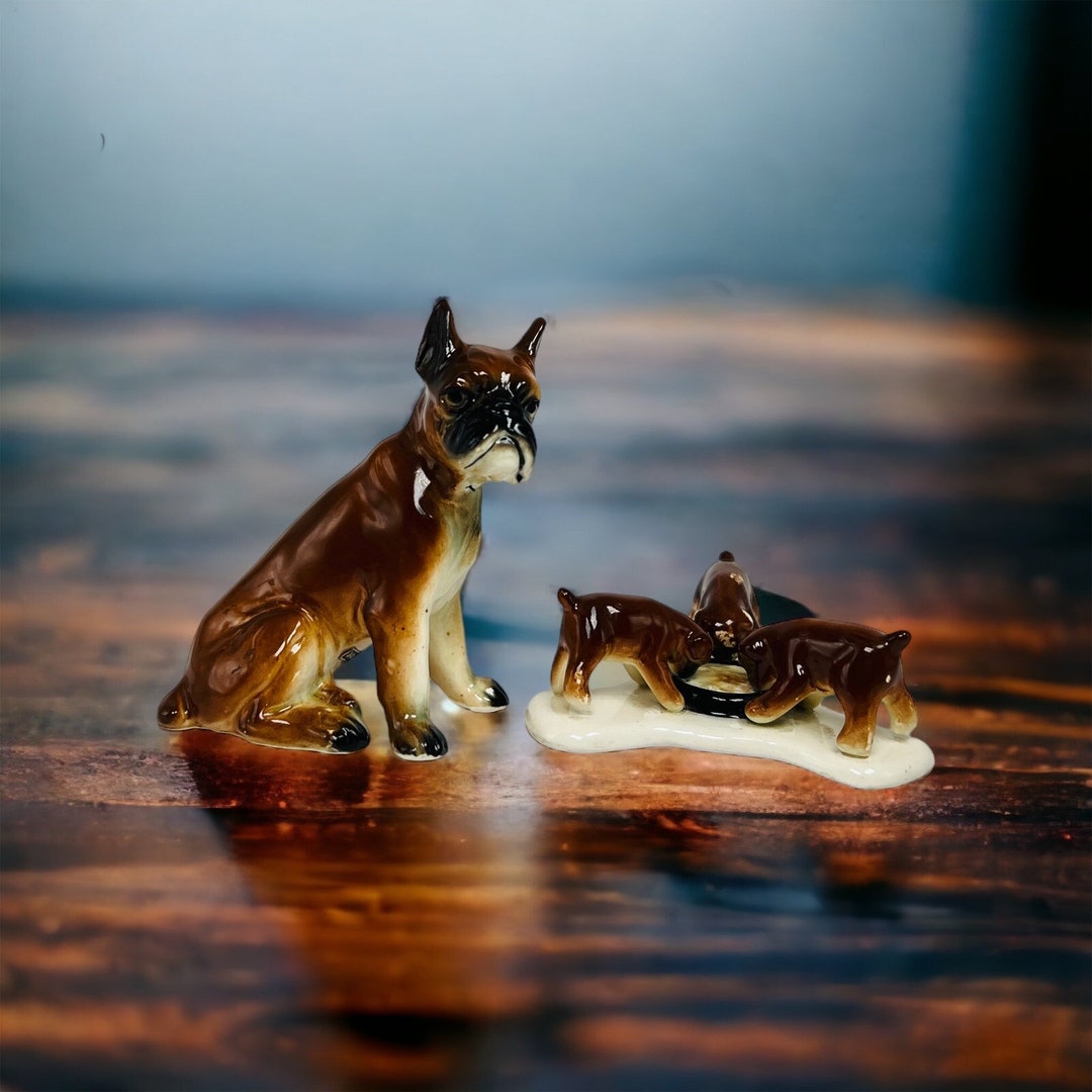 MCM Japan Ceramic Boxer Dog With Puppies Eating Figurines - Etsy