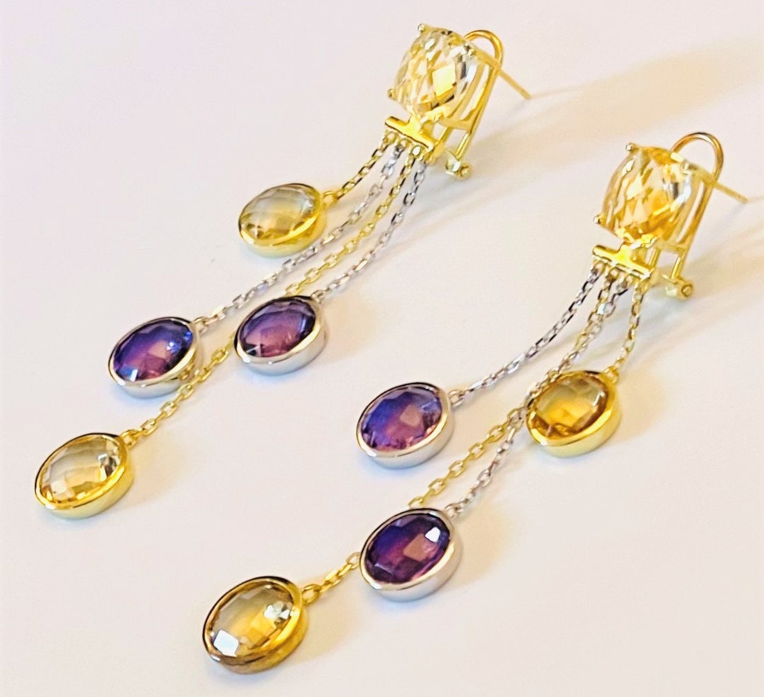 Long Multi Gemstones Drop Dangle Earrings, Amethyst and Citrine, Purple ...