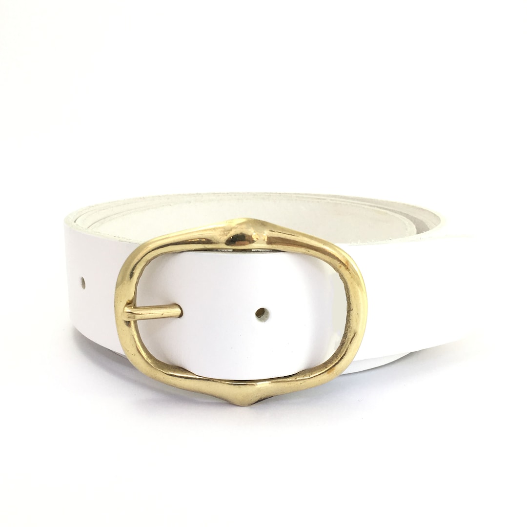 White Leather Belt Gold Buckle 1" 1/2 - Handmade - Thick Solid Belt ...