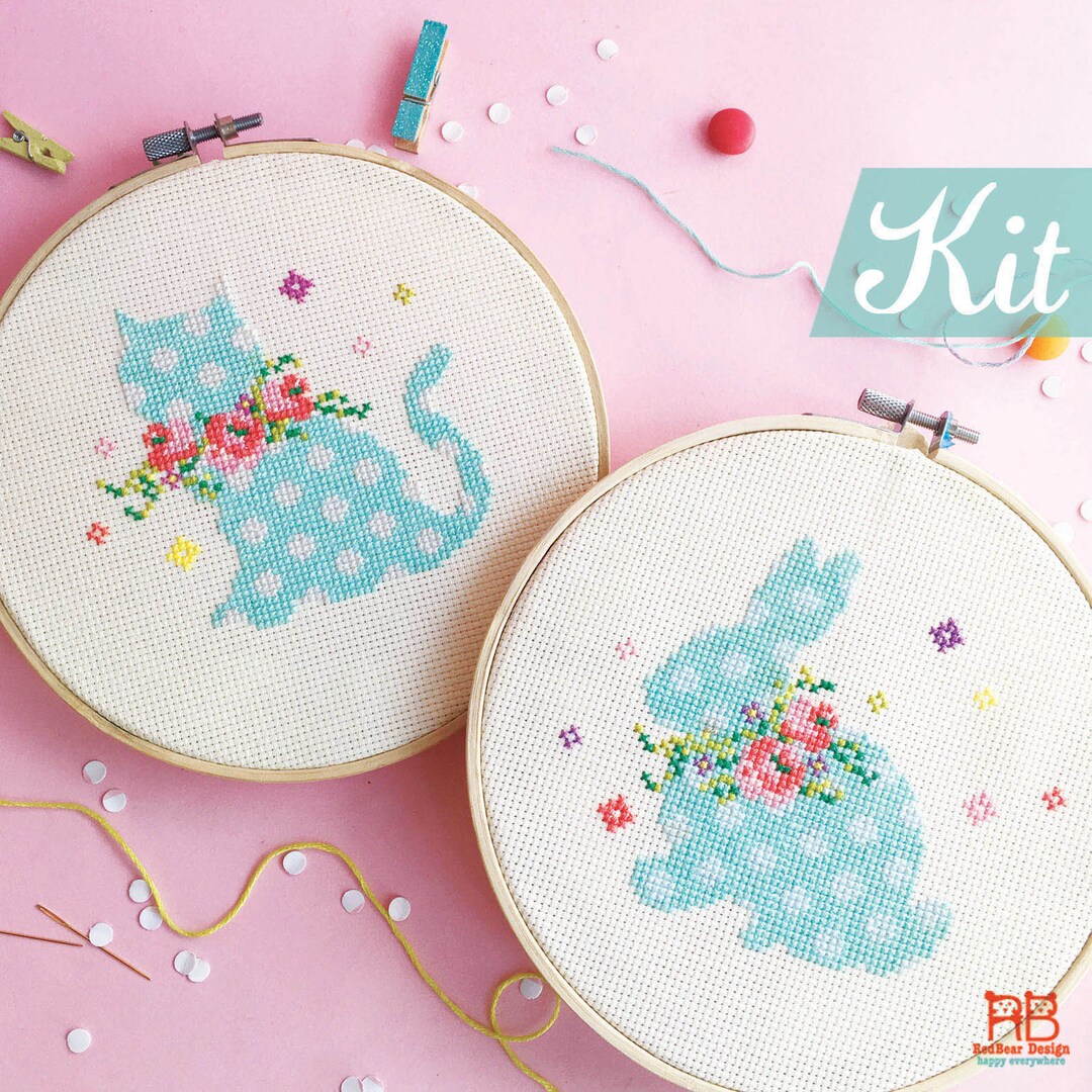 Animals Cross Stitch Kit, Cat Needlepoint Kit, Bunny Embroidery Design ...