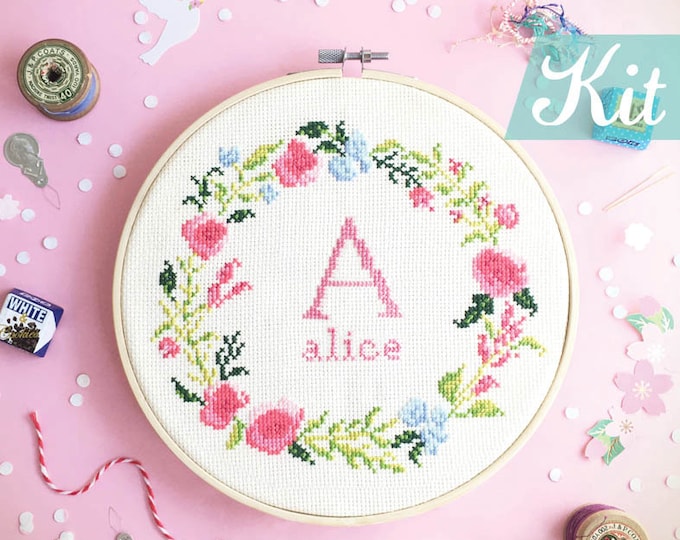 Custom Cross Stitch Kit, Baby Cross Stitch Kit, Floral Wreath With ...