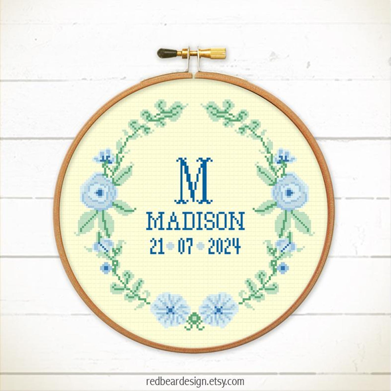 Personalized Floral Wreath Cross Stitch Pattern – Custom Name & Birth ...
