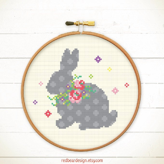 Easter Cross stitch Bunny with Floral Wreaths cross stitch | Etsy
