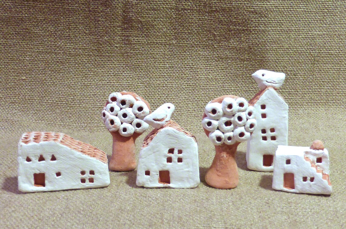 3 Miniature Ceramic Houses and Small Trees - Etsy