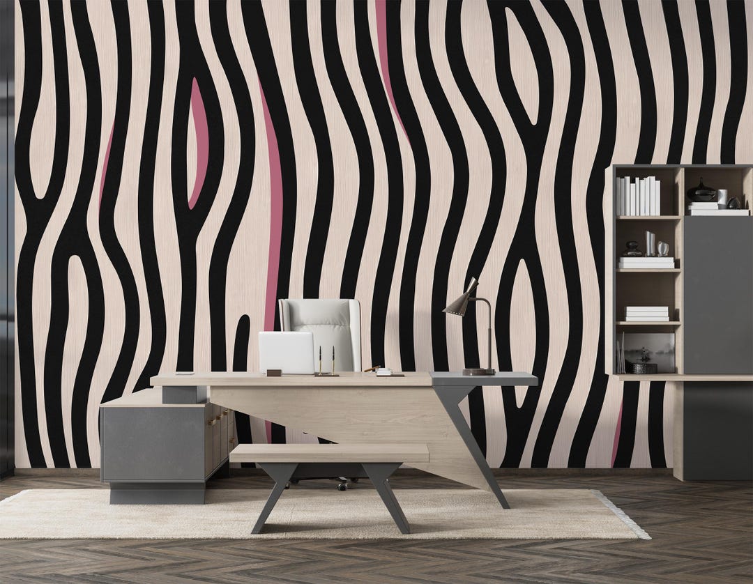 Modern Abstract Zebra Wallpaper, Pink and Black Wavy Line Wall Mural ...