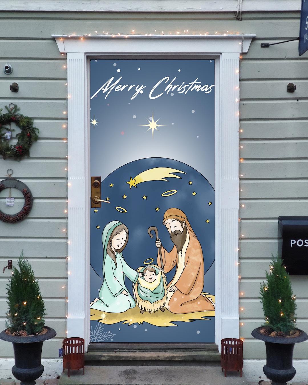 Merry Christmas Nativity Scene Door Cover Happy Christmas Door Covers ...