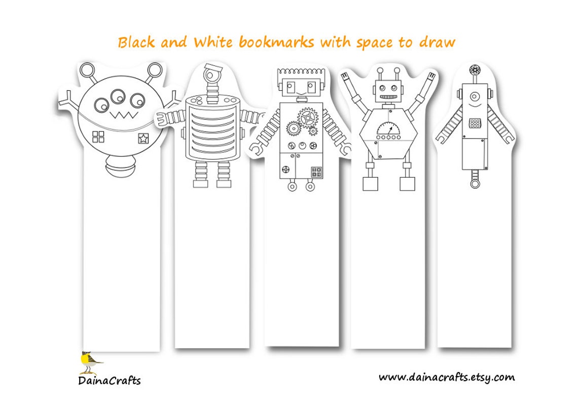 Printable Coloring Robot Bookmarks - Paper Robot Bookmark - Instant ...