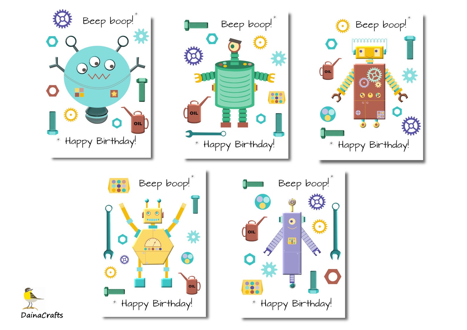 Printable Robot Birthday Cards - Kids Birthday Cards - Instant Download ...