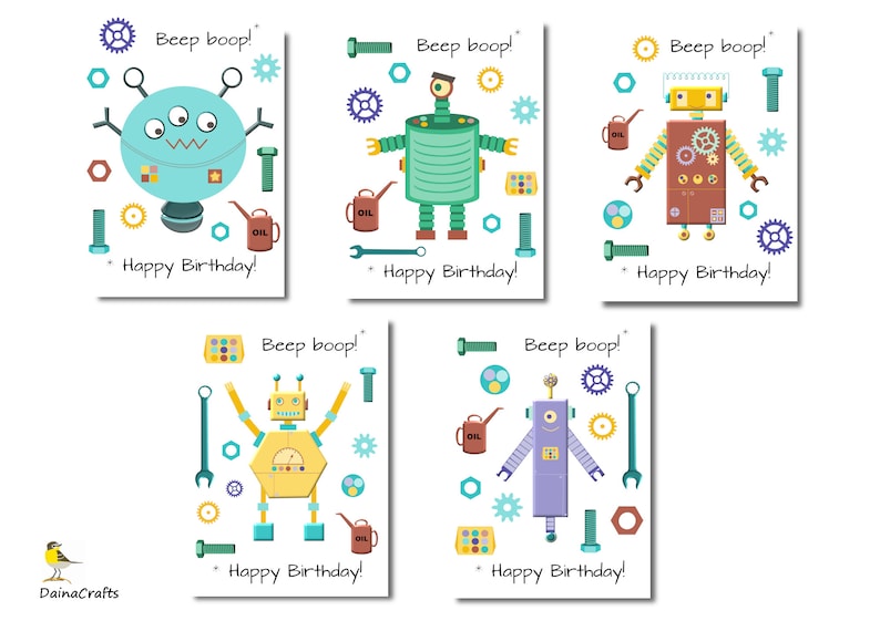Printable Robot Birthday Cards - Kids Birthday Cards - Instant Download ...