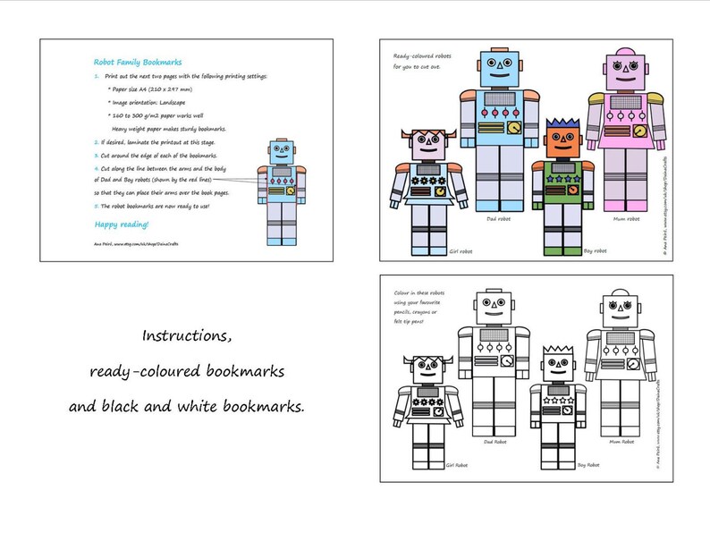 Printable Coloring Robot Bookmarks - Robot Family - Instant Download ...