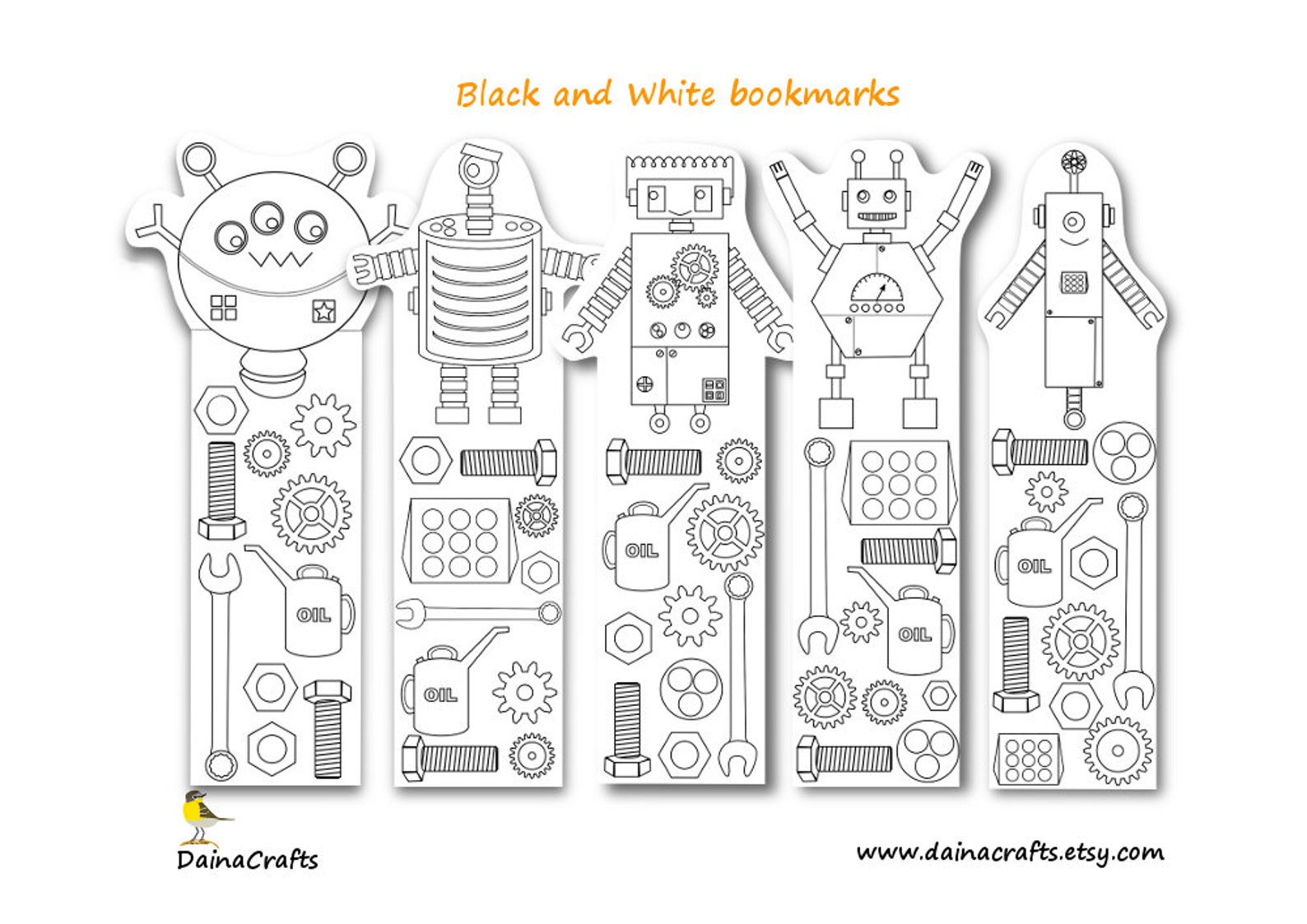 Printable Coloring Robot Bookmarks - Paper Robot Bookmark - Instant ...