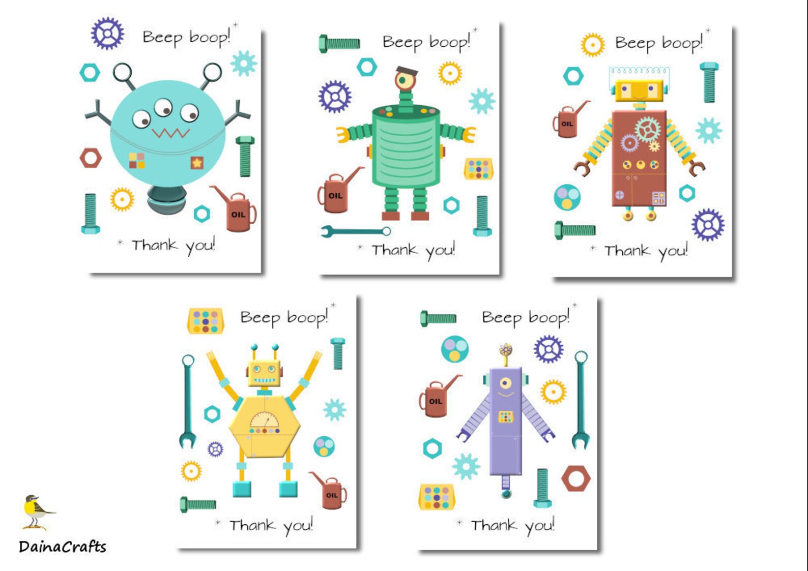 Printable Robot Thank You Cards, Five Robot Cards, Instant Download ...