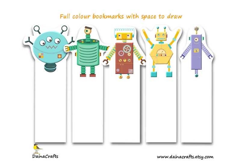 Printable Coloring Robot Bookmarks - Paper Robot Bookmark - Instant ...