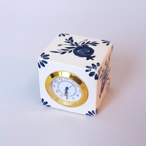 Cube Clock, Small Desk Clock in White and Blue, Ceramic Table Clock in ...