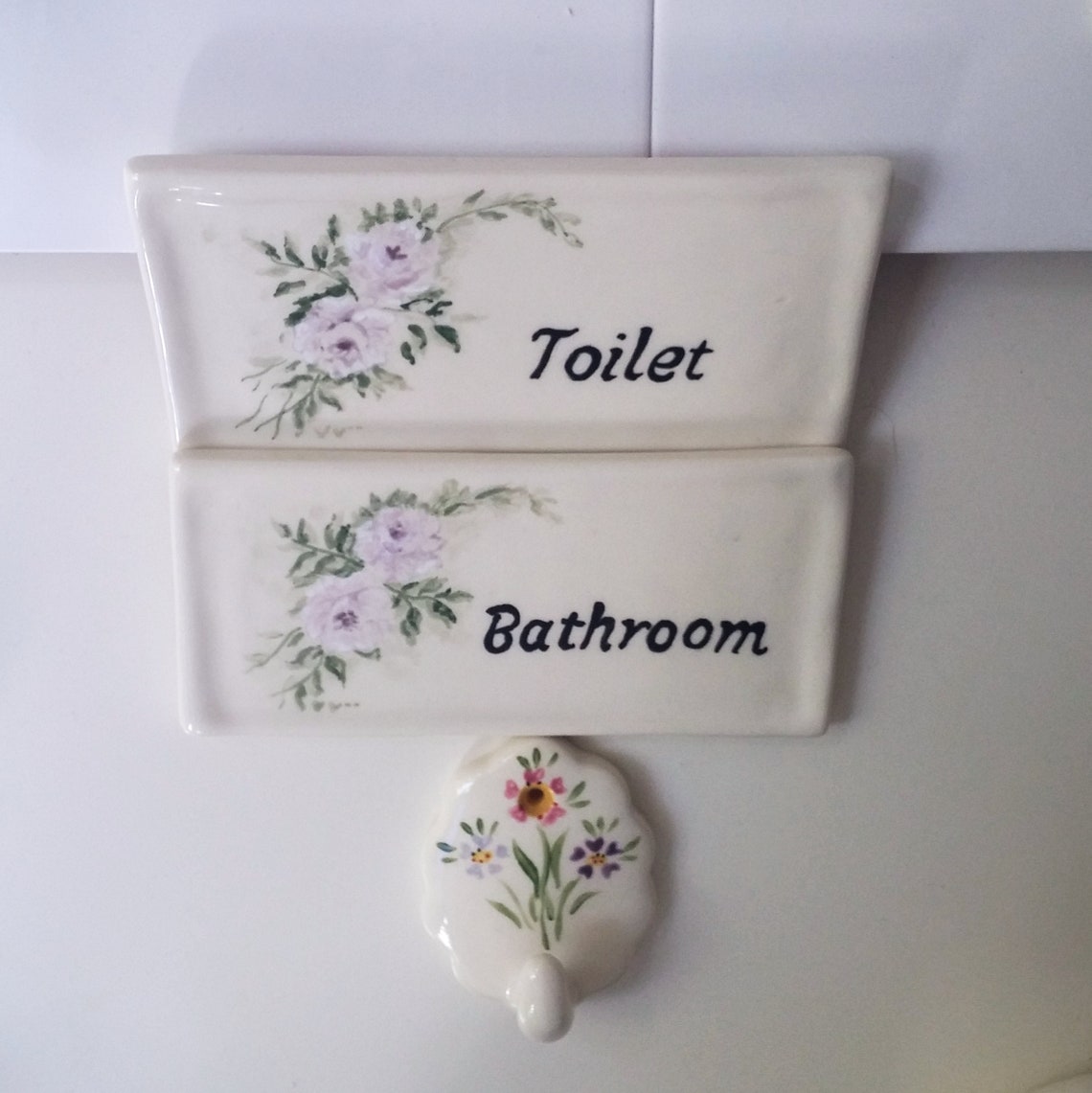 Hand-painted Floral Ceramic Bathroom Sign: Retro Vintage Styled Door ...