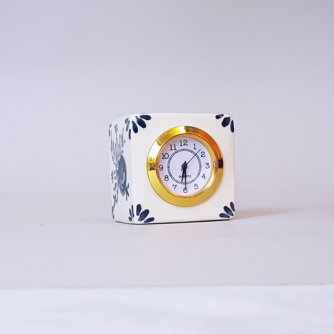 Cube clock small desk clock in white and blue ceramic table | Etsy